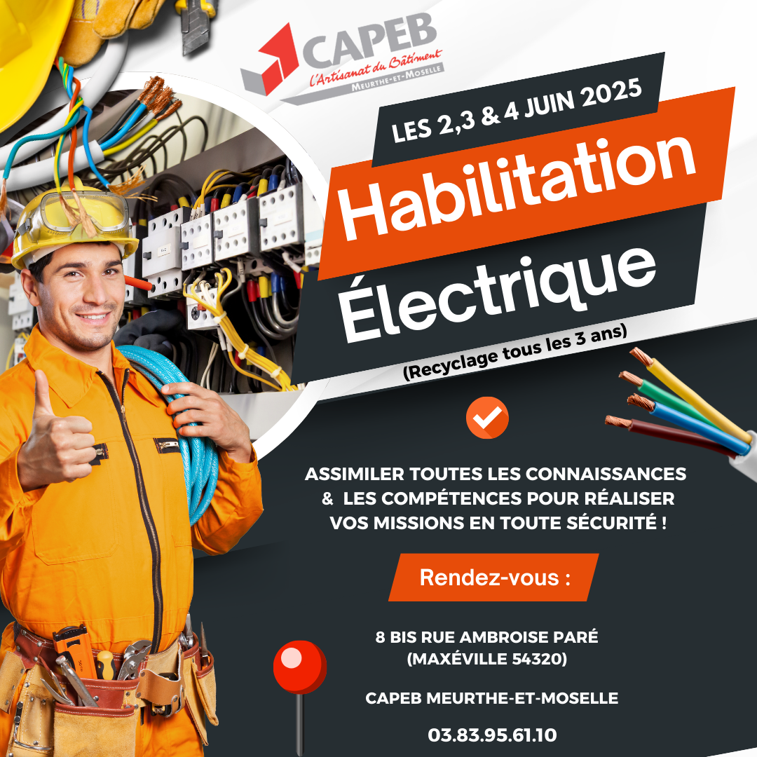 FORMATION HABILITATION ÉLECTRIQUE – Du 2 au 4 juin 2025 ・ CAPEB